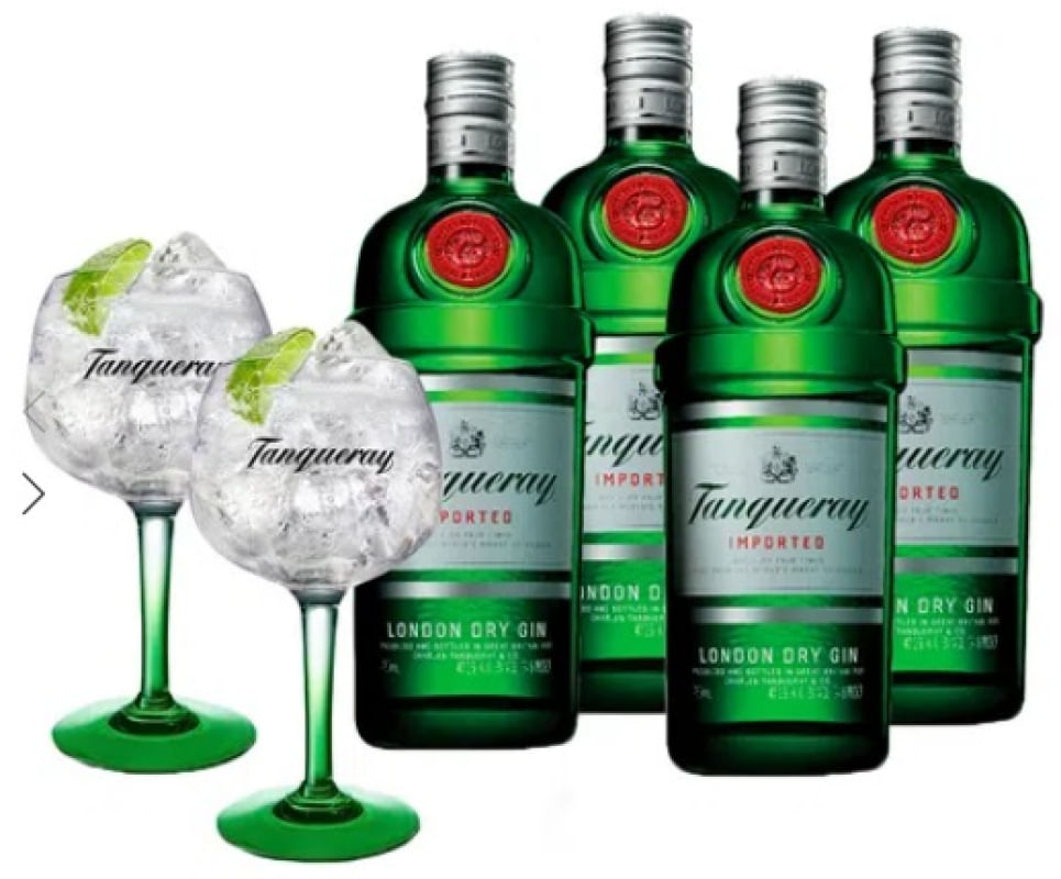 Combo 4x Gin Tanqueray Dry 750ML + 2 Taças de Vidro Tanqueray ...